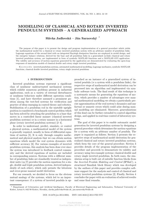 Pdf Modelling Of Classical And Rotary Inverted Pendulum Systems A Generalized Approach