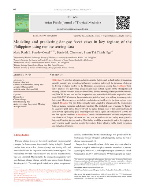 Pdf Modeling And Predicting Dengue Fever Cases In Key Regions Of The Philippines Using Remote