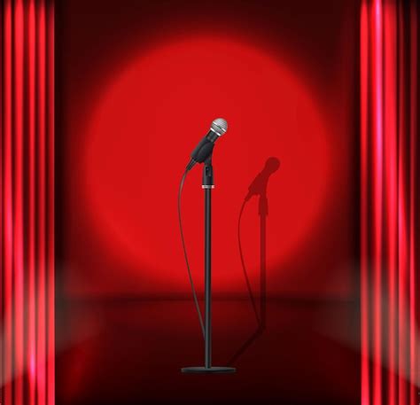 벡터 현실적인 배경입니다 스포트라이트와 구식 마이크가 있는 빨간색 커튼 무대 음악 극장 프리미엄 벡터