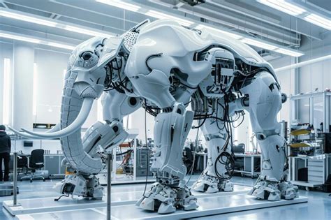 a giant robot elephant being assembled in a bright white hightech lab