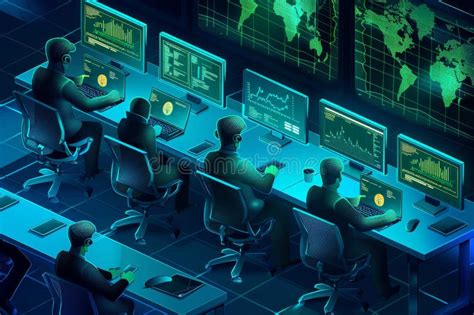 Group Of People Working At Desks With Monitors Design An Isometric Scene Showing A Team Of
