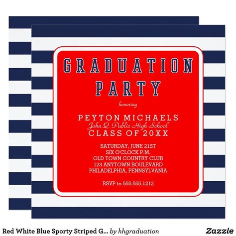 Red White Blue Sporty Striped Graduation Party Invitation Graduation