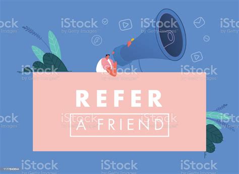 친구 벡터 일러스트 개념을 참조 메가 폰과 남자 추천 마케팅 로열티 프로그램 방문 페이지 프로모션 방법 템플릿 Ui 웹 모바일 앱 포스터 배너 전단지 개념에 대한 스톡 벡터