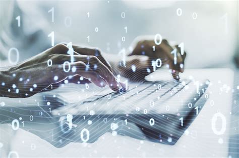 바이너리 코드 일러스트레이션의 창조적 인 개념과 백그라운드에서 노트북에 손으로 타이핑 빅 데이터 및 코딩 개념 다중 노출 인공적인에 대한 스톡 사진 및 기타 이미지 Istock