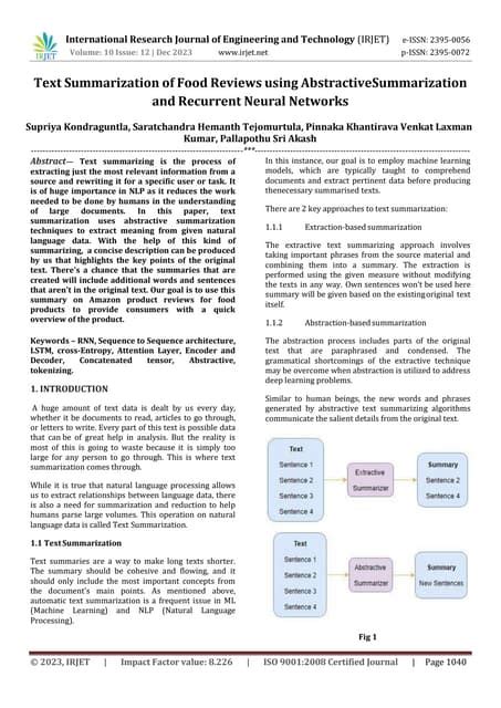 text summarization of food reviews using abstractivesummarization and