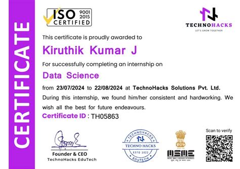 Kiruthik Kumar On Linkedin Datascience Internship Technohacks Learningjourney Grateful