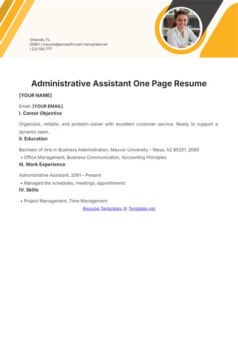 Free Administrative Assistant One Page Resume Template To Edit Online