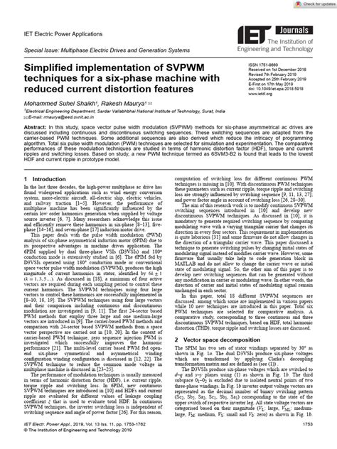 Iet Electric Power Appl 2019 Shaikh Simplified Implementation Of Svpwm Techniques For A