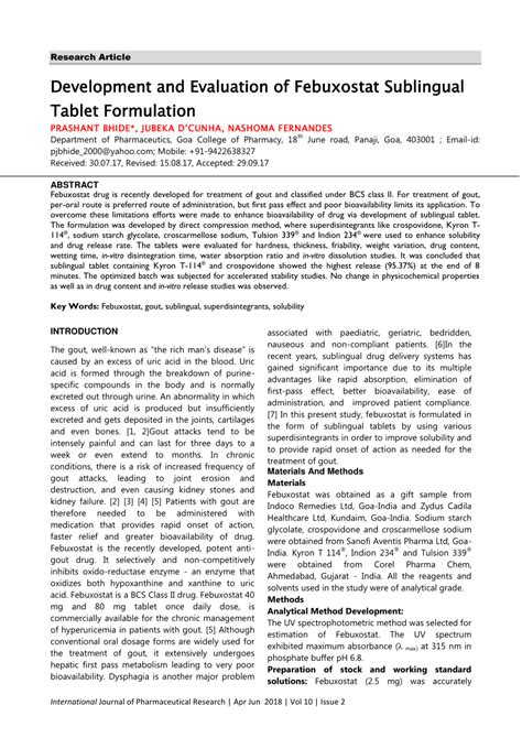 Pdf Development And Evaluation Of Febuxostat Sublingual Tablet Formulation