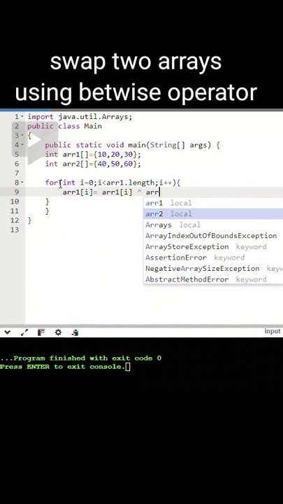 Swap Two Arrays Using Bitwise Operator In Java Java Shorts Youtube
