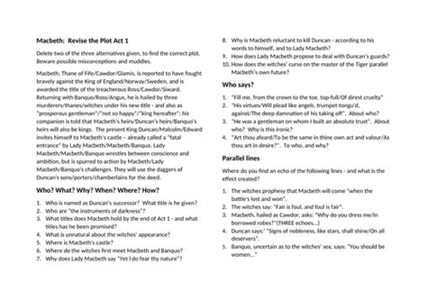 Aqa Macbeth Revision Activity Plot Summary And Questions On Act 1 Teaching Resources