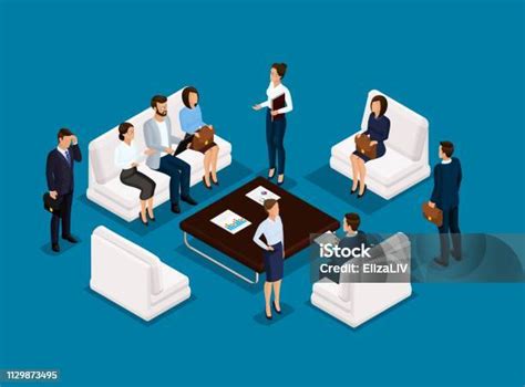 비즈니스 사람들 회의 기업 복장에 있는 남자 그리고 여자의 아이소메트릭 세트 브레인스토밍 어두운 파란색 배경 벡터 일러스트 레이 션에 고립 경영자에 대한 스톡 벡터 아트 및