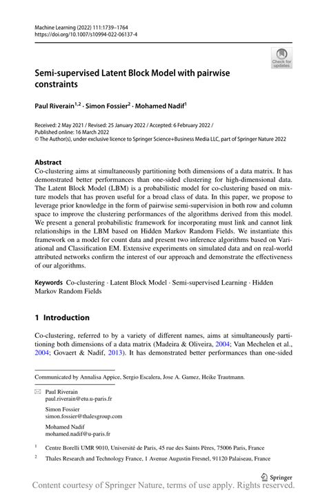 Semi Supervised Latent Block Model With Pairwise Constraints Request Pdf