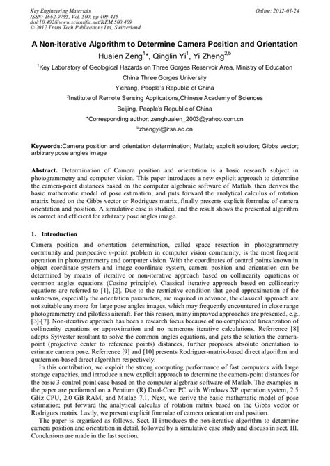 A Non Iterative Algorithm To Determine Camera Position And Orientation Scientificnet