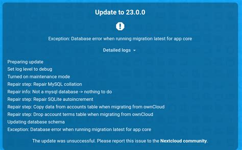 Upgrade to Nextcloud failed and stuck in update mode ℹ Support