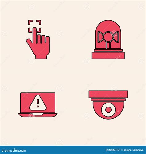 Set Security Camera Fingerprint Flasher Siren And Laptop With Exclamation Mark Icon Vector
