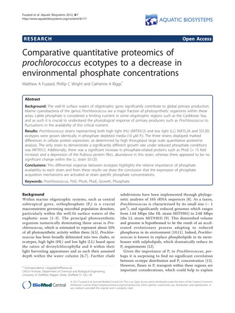 Pdf Comparative Quantitative Proteomics Of Prochlorococcus Ecotypes To A Decrease In