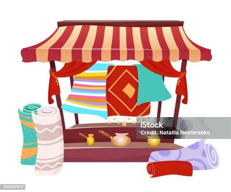 바자는 수제 카펫 만화 벡터 일러스트레이션으로 차양을 거래합니다 동부 시장 텐트 기념품캐노피 페르시아 양탄자 플랫 컬러 오브젝트