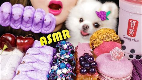 Asmr 🍇보라 디저트💜 먹방 오리 마시멜로우 스타벅스 블루베리 마카롱 마카롱 아아이스크림 벌집 꿀 거봉젤리 트위즐러 젤리 공차 타로밀크티 Eating