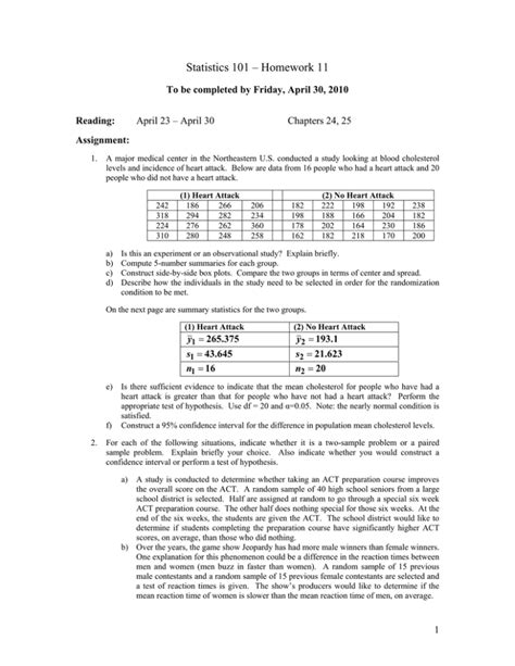 Statistics 101 Homework 11 Reading Assignment