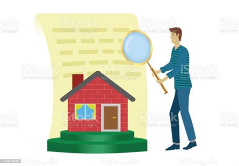 계약 또는 집과의 법적 문서 돋보기로 그것을 제어하는 남자 흰색으로 격리 벡터 그림입니다 Improv에 대한 스톡 벡터 아트 및 기타 이미지 Istock