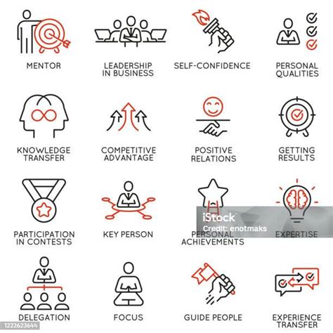 기술 권한 부여 리더십 개발 및 리더의 자질과 관련된 선형 아이콘의 벡터 집합입니다 모노 라인 픽토그램 및 인포그래픽 디자인 요소 파트 8 아이콘에 대한 스톡 벡터 아트 및