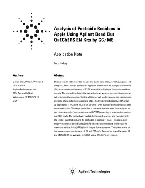 Pdf Analysis Of Pesticide Residues In Apple Using Agilent Sampliq Quechers Aoac Kits By Gc Ms