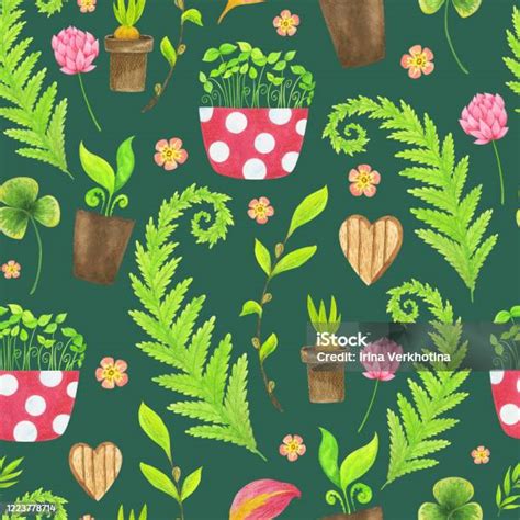 봄 신선한 콩나물 잎 클로버 꽃과 양파 녹색 배경에 매끄러운 패턴의 수채화 도면 직물 카드 포스터 책 장식의 디자인에 적합합니다 0명에 대한 스톡 벡터 아트 및 기타 이미지