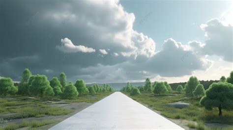 흰색 경로는 흐린 하늘이 있는 녹색 필드를 통과합니다 구름과 격리된 도로가 있는 야외 자연 경관의 3d 그림 푸른 숲 사막 고속도로 배경 일러스트 및 사진 무료