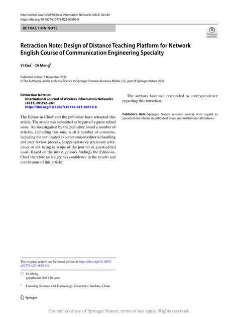 Retraction Note Design Of Distance Teaching Platform For Network