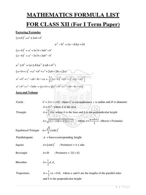 List Of Math Formulas Xii Class I Term Pdf Determinant Matrix Mathematics