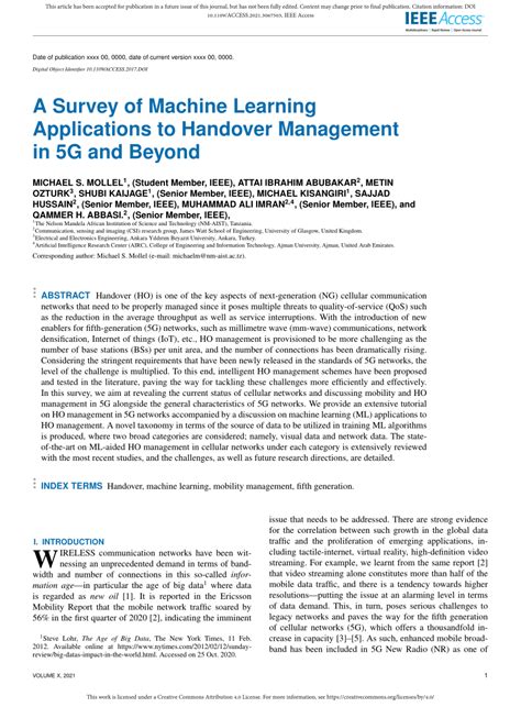 Pdf A Survey Of Machine Learning Applications To Handover Management In 5g And Beyond
