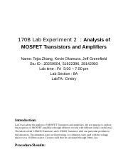170BLab2 Docx 170B Lab Experiment 2 Analysis Of MOSFET Transistors