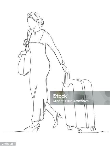 긴 드레스를 입고 여행 가방과 가방을 걷는 여자 여행하다 연속 선 그리기 흑인과 백인 벡터 일러스트 레이 션 라인 아트 스타일 가방에 대한 스톡 벡터 아트 및 기타 이미지