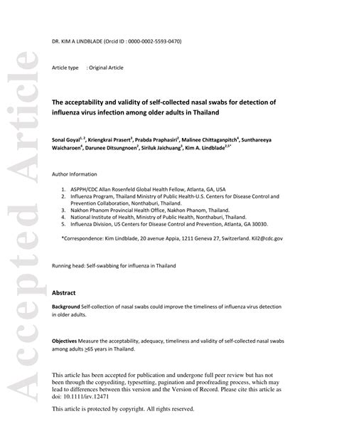 Pdf The Acceptability And Validity Of Self Collected Nasal Swabs For Detection Of Influenza