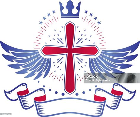 날개 달린된 기독교 십자가 상징 로얄 크라운 및 럭셔리 리본으로 구성 전 령 팔의 외 투 장식 고립 벡터 일러스트 레이 션 종교와 영 성 테마 기호입니다 고딕 양식에 대한
