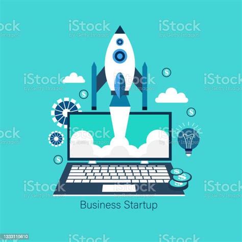 비즈니스 프로젝트 스타트업 재무 계획 아이디어 전략 관리 실현 성공 노트북 화면에서 로켓 발사 로켓에 대한 스톡 벡터 아트 및