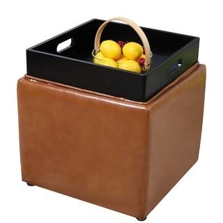 Pu Leather Storage Ottoman Cube With Tray Footrest Stool Seat Bed