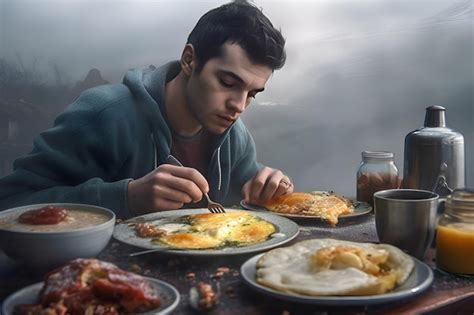 Premium AI Image Male Tourist Eats While Hiking In Nature Generative AI 1