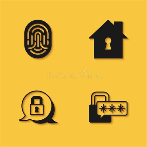 Set Fingerprint Cyber Security Lock And House Under Protection Icon With Long Shadow Vector