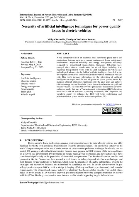 Pdf Necessity Of Artificial Intelligence Techniques For Power Quality Issues In Electric Vehicles