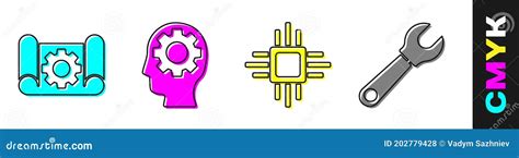 Set Graphing Paper And Gear Human Head With Gear Inside Processor