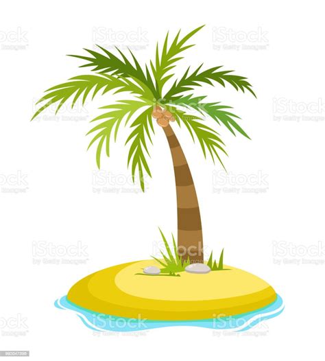 바다 파도 벡터 일러스트와 함께 섬에 열 대 팜 흰색 배경에 고립 야자수 아래 해변입니다 열 대 지방에서 여름 휴가입니다 만화 벡터 일러스트 레이 션 0명에 대한 스톡 벡터