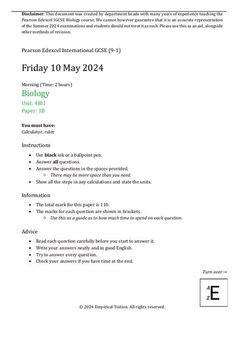 Summer 2024 Igcse Biology Predicted Exam Edexcel Paper 1b Mark Scheme Gcse Biology Stuvia Uk