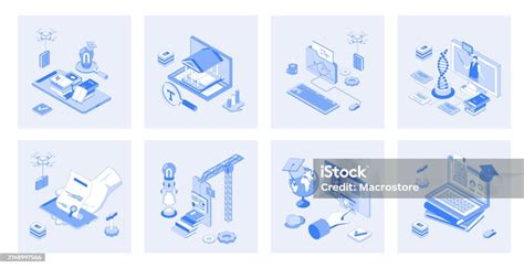 온라인 교육 웹용 등각 투영 아이콘 디자인으로 설정된 3d 등각 투영 개념 가상 도서관 독서 책 E러닝 플랫폼 비디오 수업 과학 학습 모음 벡터 일러스트 레이 션 3차원