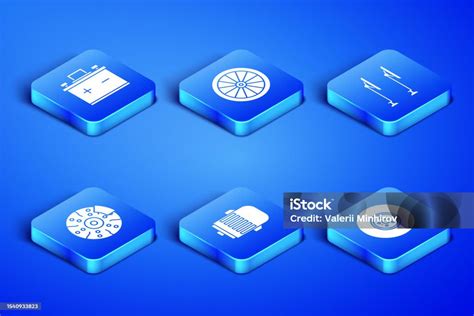 자동차 브레이크 디스크 배터리 전기 엔진 캘리퍼 휠 및 앞유리 와이퍼 아이콘을 설정합니다 벡터 3차원 형태에 대한 스톡 벡터