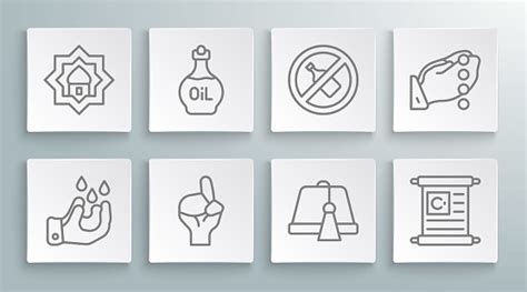 세트 라인 우두 에센셜 오일 병 기도 위치에 손 터키 모자 코란 거룩한 책 알코올 없음 이슬람 모스크 아이콘 벡터 0명에 대한