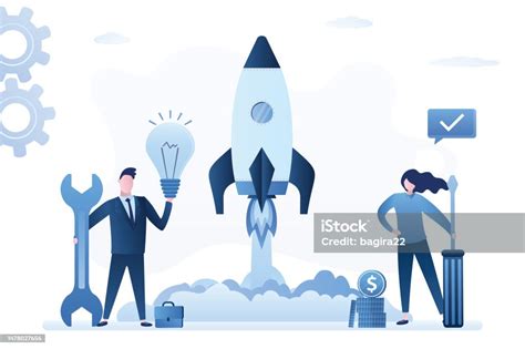 공동 창업자가 스타트업을 시작합니다 사업가들은 렌치와 드라이버를 들고 있습니다 새로운 비즈니스 프로젝트의 부상 로켓이 하늘에서 이륙합니다 성공적인 스타트업의 개발 및 관리