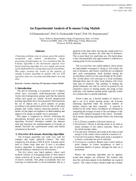 Pdf Ijert An Experimental Analysis Of K Means Using Matlab