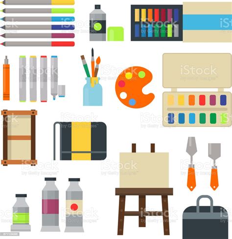 평면 벡터 일러스트 레이 션 세부 편지지 크리에이 티브 페인트 장비 설정 아트 도구 팔레트 아이콘 그림 가방에 대한 스톡 벡터 아트 및 기타 이미지 Istock